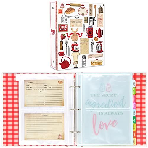 Recipe Binder Book Organizer Keeper Kit 50 PCS Recipe Cards 10 Dividers 50 Plastic Sleeves 3 Ring 8.5 X 9.5 inch Gifts