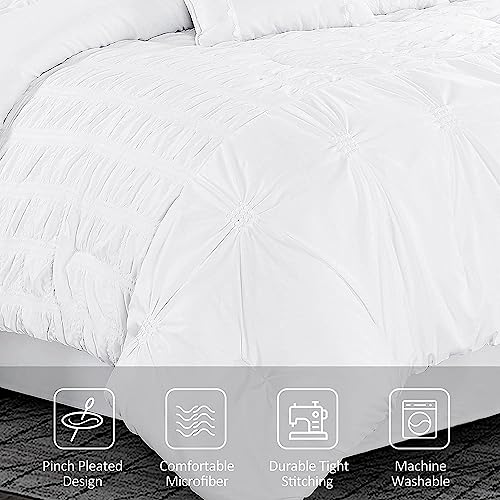 JML California King Comforter Set, 7 Piece Pinch Pleat Bed in a Bag Set with Shams and Decorative Pillows - Luxury Pintuck Microfiber Down Alternative Bedding Comforter Sets,White