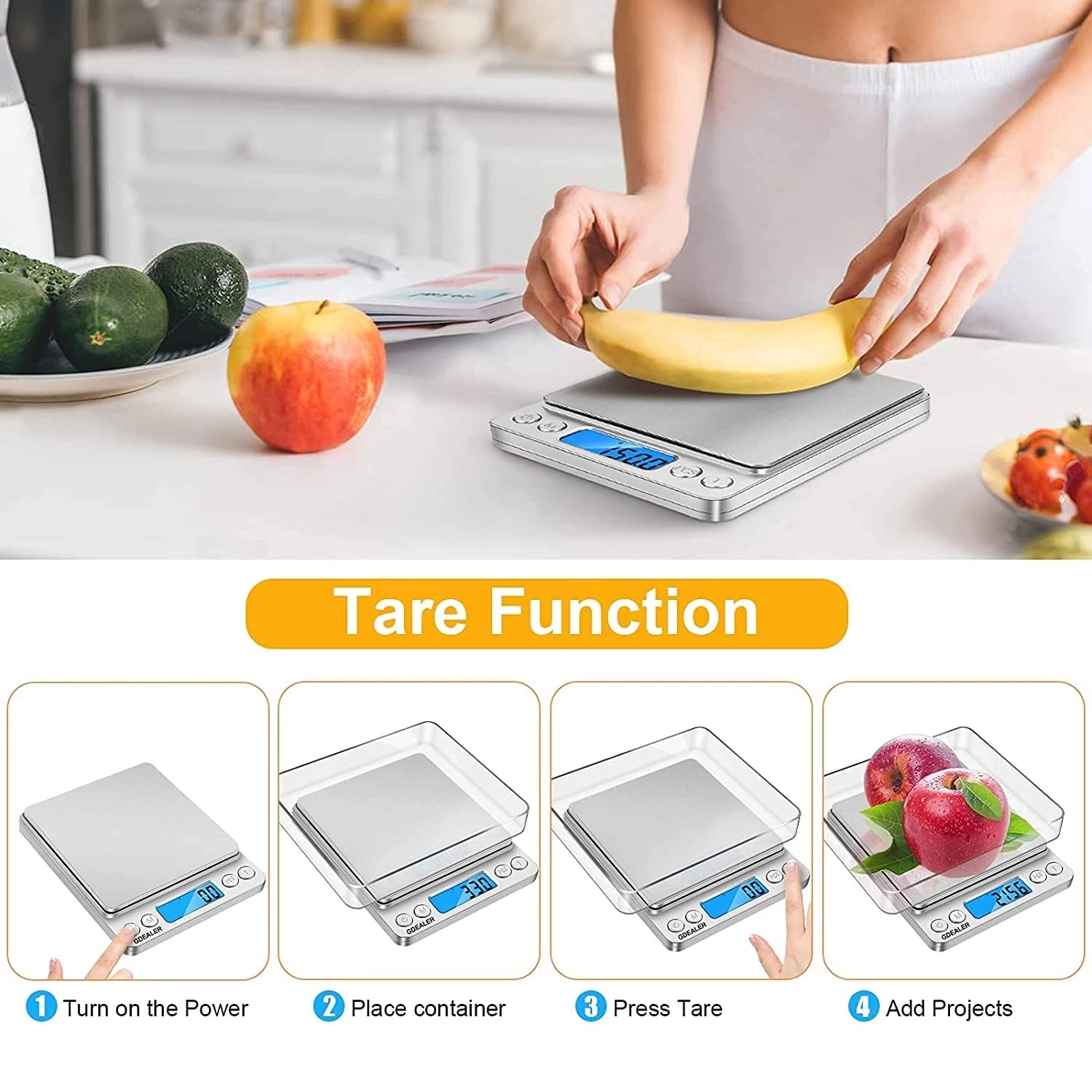 Digital Kitchen Scale 2000g x 0.1g Jewelry Cooking Food Scale Stainless Steel (Batteries Included) with 2 Clear Expanding Trays
