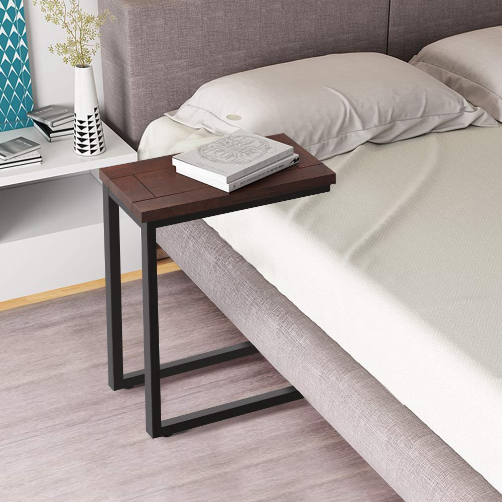 Coral Flower Accent Rectangle Industrial C-Side Table in Dark Cognac Brown, Fully Assembled for Living Room and Bedroom,Brown.