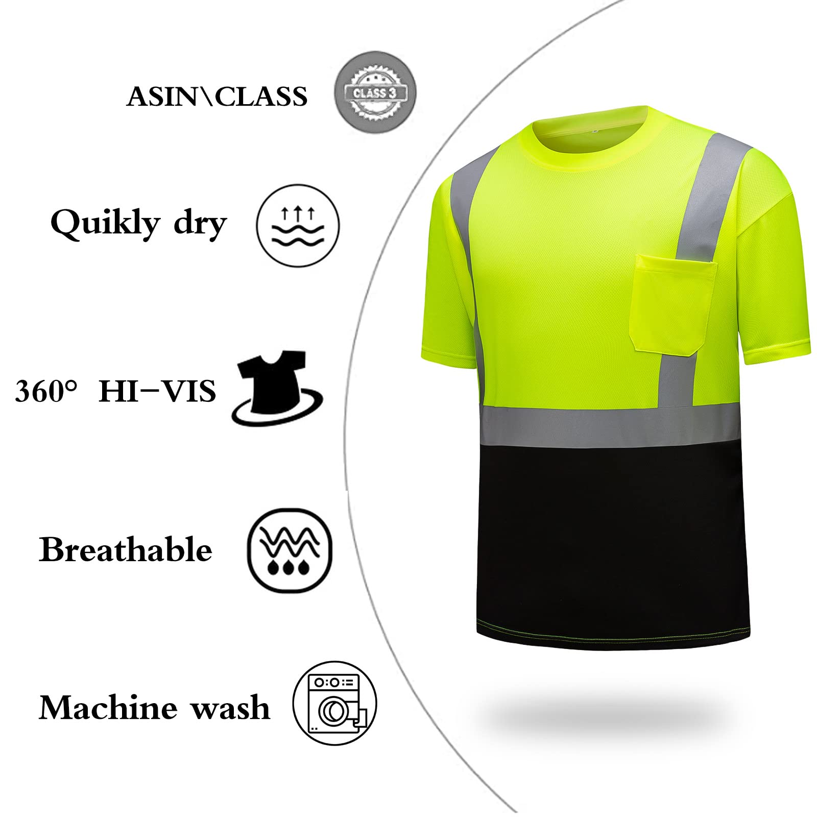 DPSAFETY High Visibility Shirts Quick Dry Safety T Shirts with Reflective Strips and Pocket Short Sleeve Mesh Hi Vis Construction Work Class 2 Shirt for Men/Women Black Bottom Lime,Medium