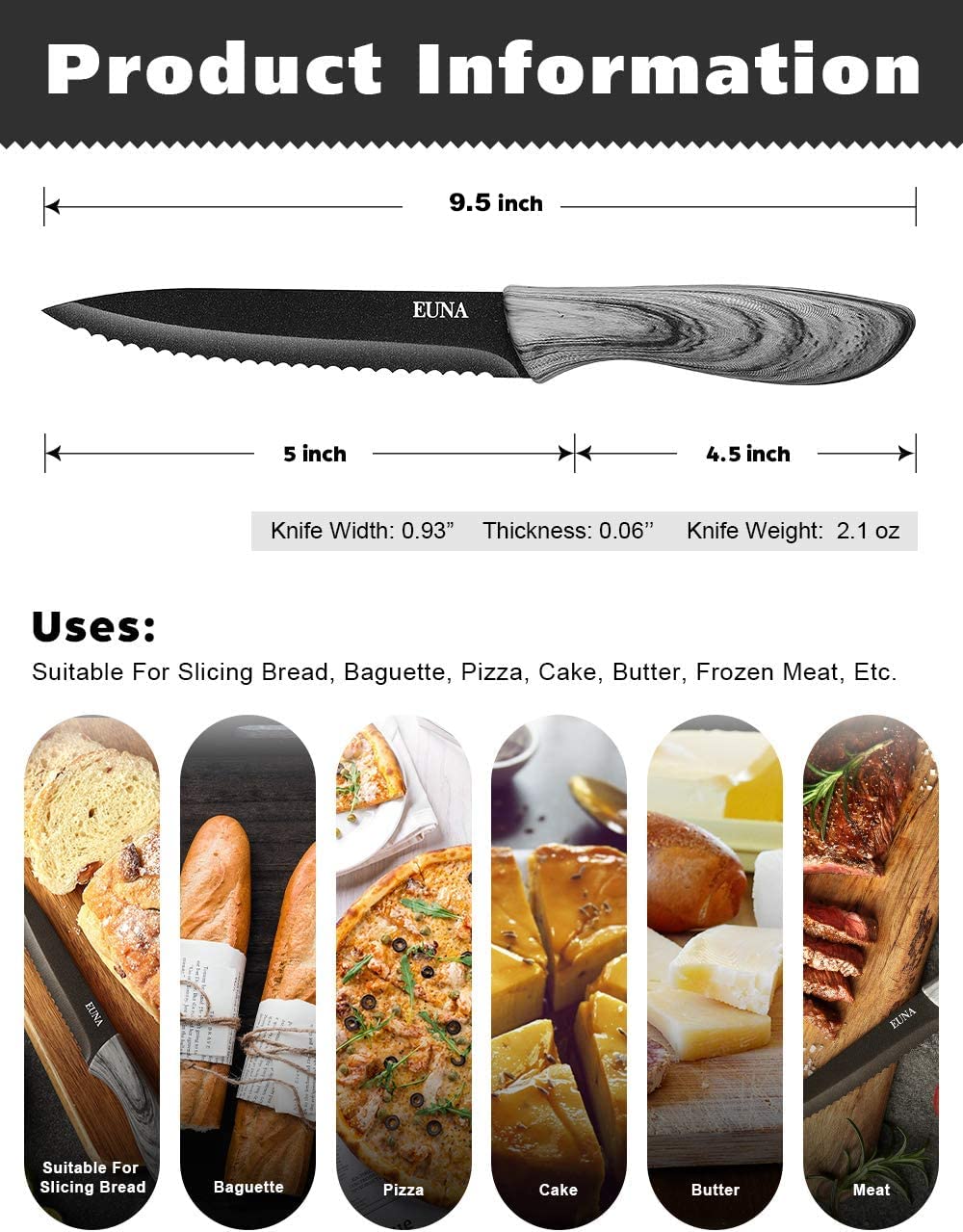 EUNA 5 Inch Bread Knife Ultra Sharp, Kitchen Knife with Sheath & Gift Box, Japanese Chef Knife for Multipurpose Cooking Professional, with PP Non-slip Handle & Non-sticking coating