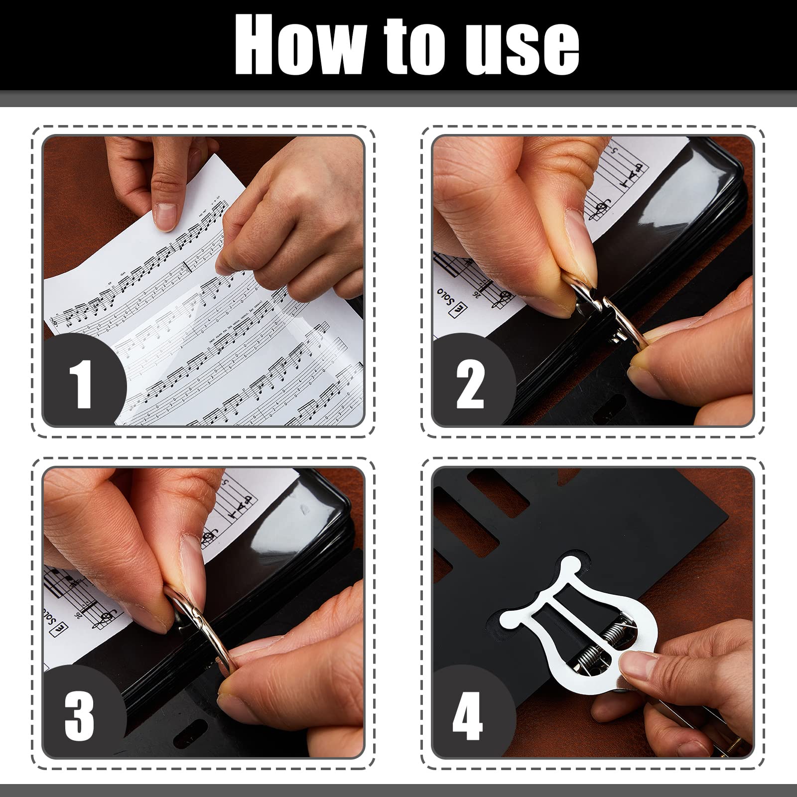 Flip Folio Folder, 12 Pcs Black Flip Folio and Trumpet Lyre Set Flip Folder Music Files Holder PVC Waterproof Window Pages Lightweight Instrument Lyre Marching Band Lyre and Flip Folder