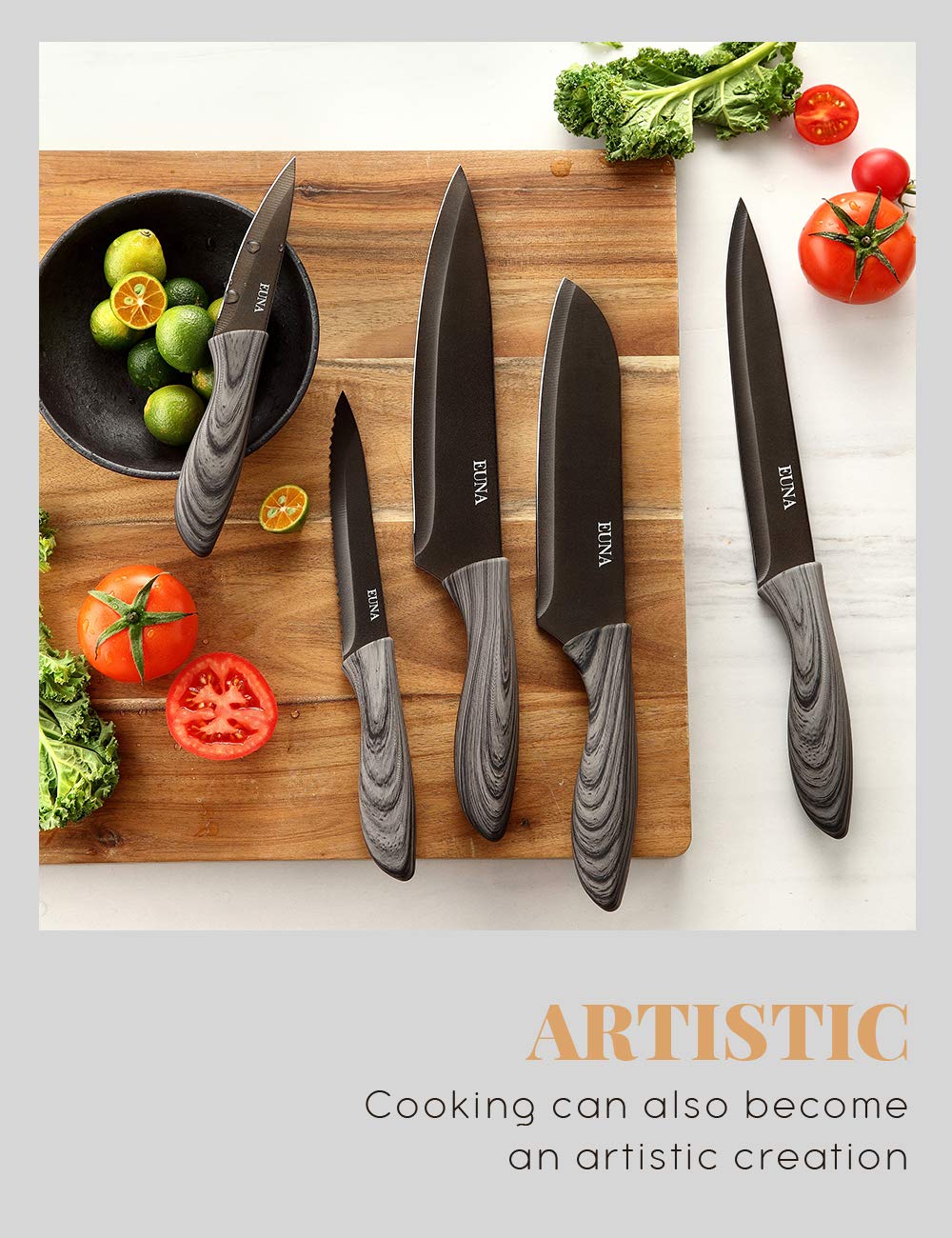 EUNA 9 Piece Kitchen Knife Set, Sharp Chef Knives Stainless Steel Cooking Knife Set (Included : 5 PCS Kitchen Knife Set and 4 PCS Steak Knife Set with 2 Gift boxs)
