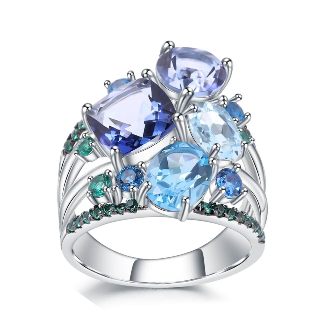 Fine Color Jewels Rhodium Plated Sterling Silver 1.83 carat Mystic Quartz and Blue Topaz Cocktail Ring Chunky Statement Ring (Size 5, 6, 7, 8)