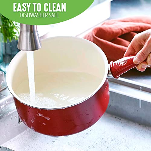 GreenLife Soft Grip Healthy Ceramic Nonstick, 1QT and 2QT Saucepan Pot Set with Lids, PFAS-Free, Dishwasher Safe, Red