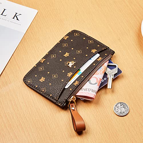 FOXLOVER Women's Small PVC Leather Credit Card Holder RFID Blocking Compact Zipper Pocket Wallet Card Case Purse with ID Window (Classical pattern brown-A)