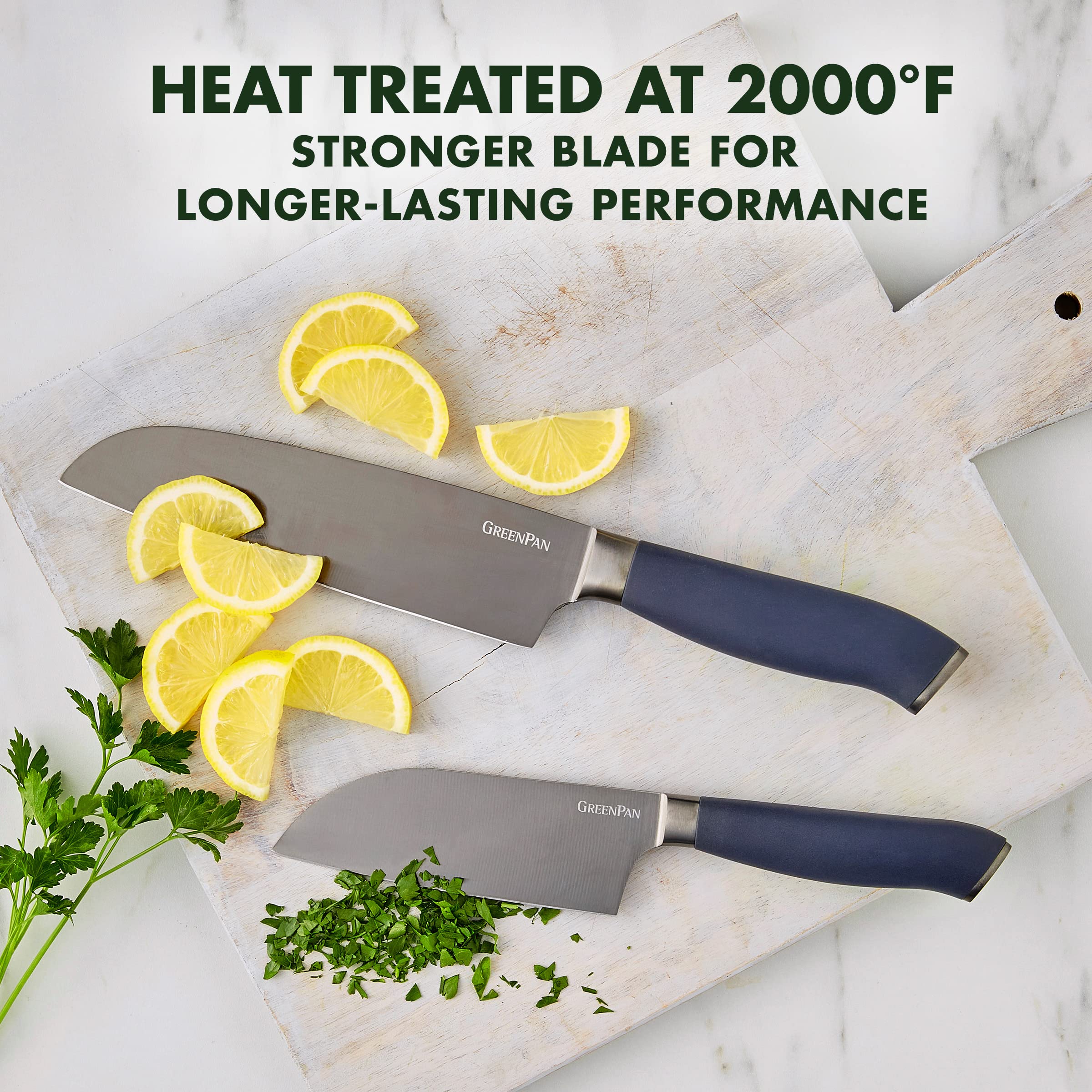 GreenPan Titanium 2-Piece Santoku Knife Set, Titanium Coated, Stainless Steel, Eco-friendly, Ergonomic Grip, Slip Resistant, Balanced, Heat Treated, Hand Sharpened, Dishwasher Safe