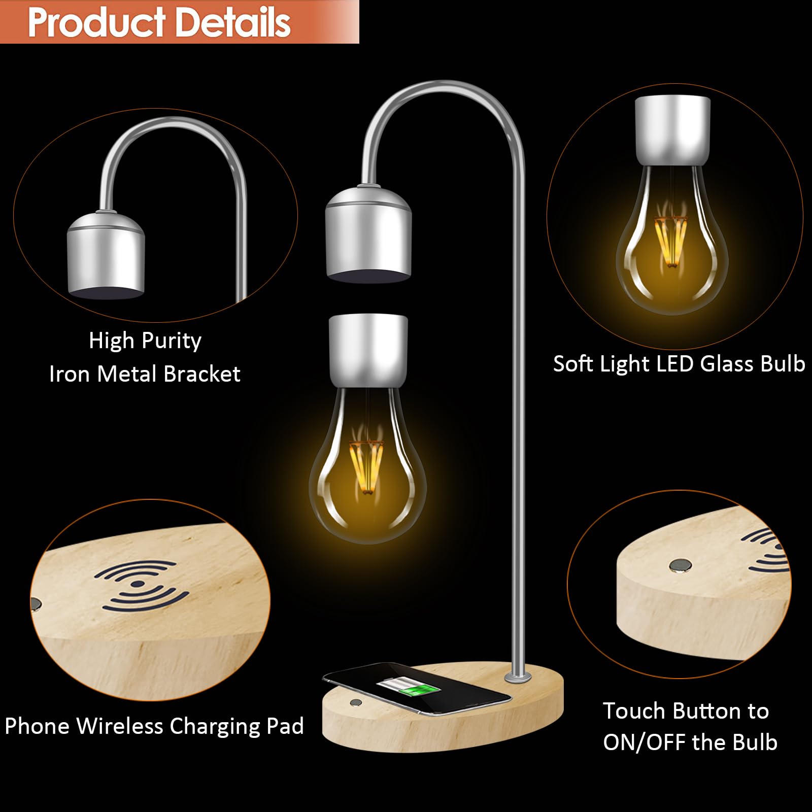 Floatidea Magnetic Levitating Light Bulb Levitation High Borosilicate Glass Bulb with Light Yellow LED Night Light 1W Fits for All Bulb Bases in GYC Store