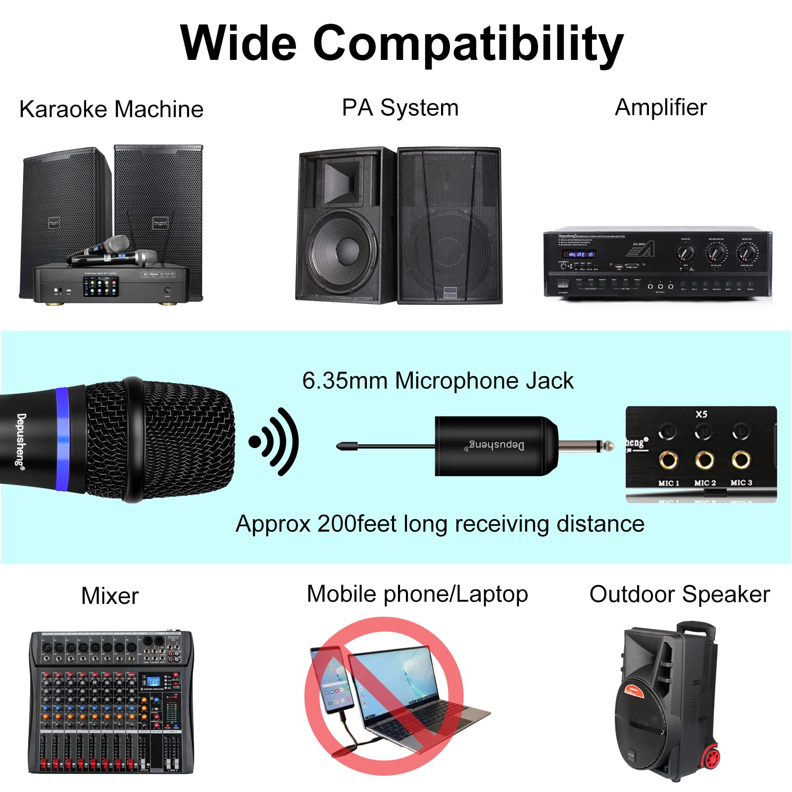 Depusheng Wireless Microphone, UHF Metal Dynamic Handheld Karaoke Mic with Rechargeable Receiver, 1/4”&1/8” Output, for Karaoke Singing, Wedding, DJ, Party, Speech, Church, Class Use W7, Black