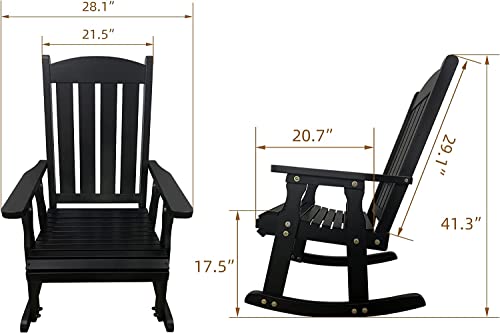 Wooden Rocking Chair with Comfortable Backrest Inclination, High Backrest and Deep Contoured Seat, Solid Fir Wood, Heavy Duty 600 LBS, for Both Outdoor and Indoor, Backyard, Porch and Patio (Black)