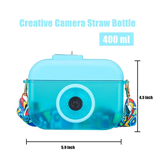 ORIJOYNA 13 oz Cute Water Bottle with Straw - Camera Shape Water Cup with Adjustable Shoulder Straps - Ideal Kawaii Gift for School (Blue)
