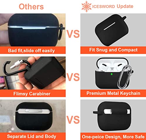 IceSword Airpods Pro 2nd/1st Generation Case Cover, Full Protective Silicone AirPods Skin Soft Shell Shock-Absorbing Protective Full-Body Keychain for Women Men [Front LED Visible] Airpods - Black