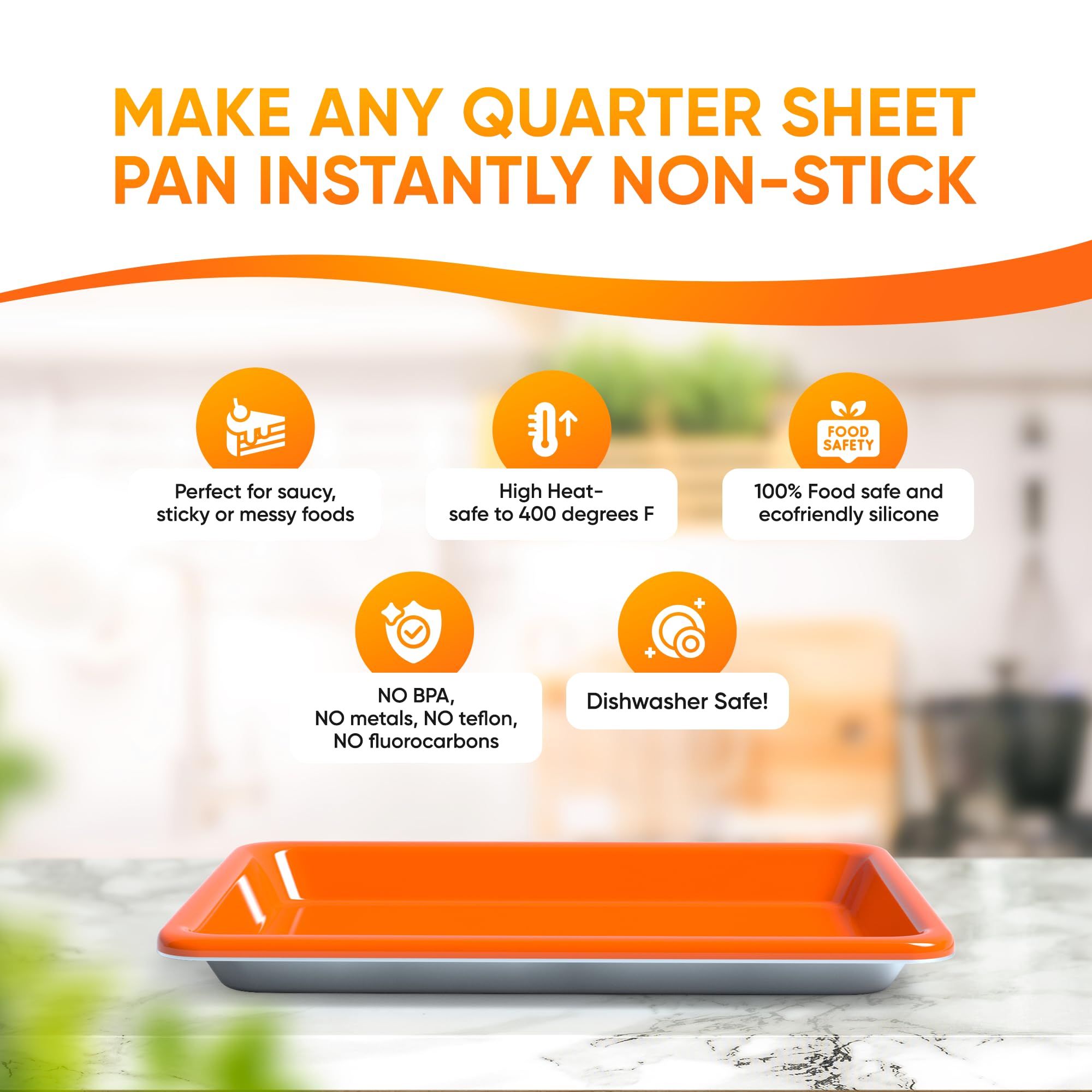 Fitted full coverage silicone pan liner - turn any quarter sheet pan a nonstick baking sheet (2 pack)
