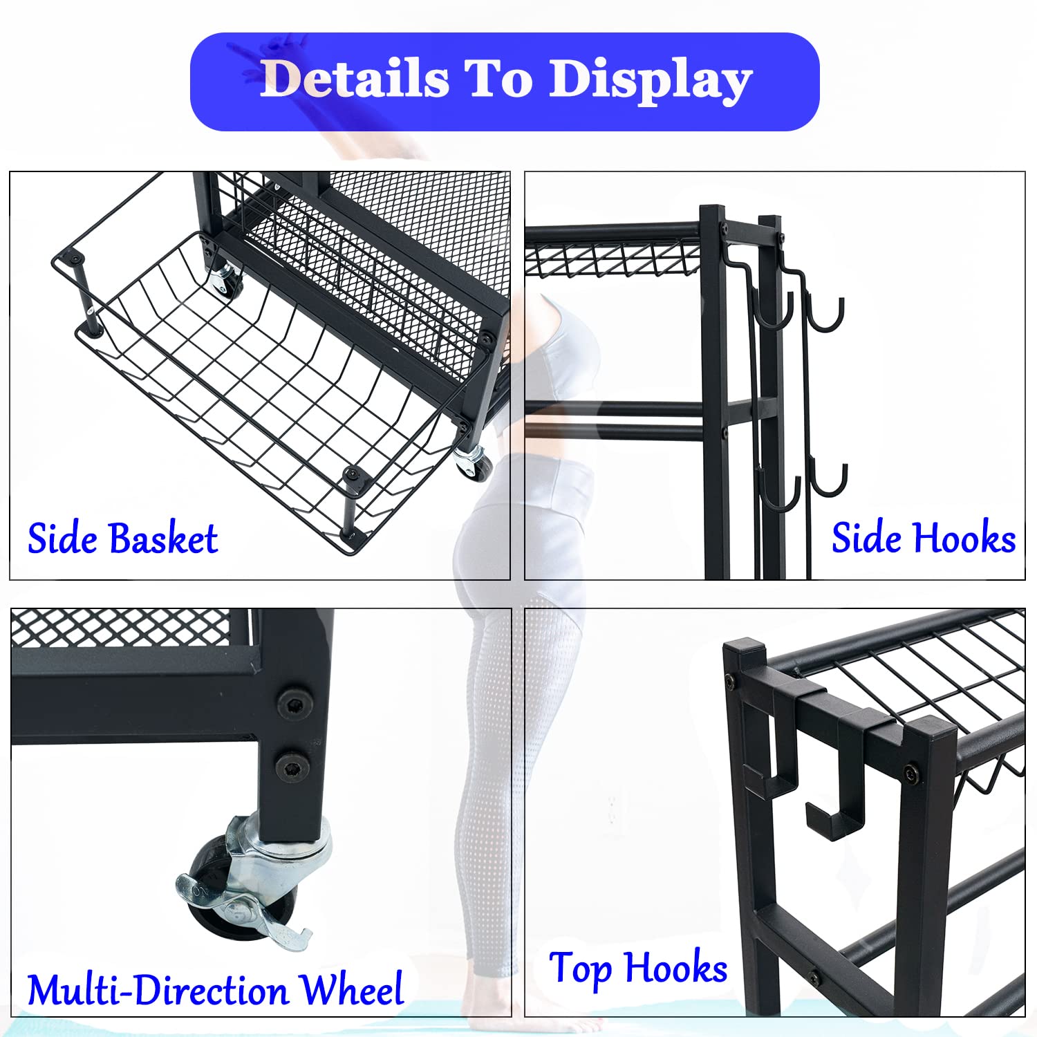 Dumbbell Rack Stand, Weight Storage Organizer, Home Gym Storage Rack for Dumbbells Foam Roller Kettlebells Yoga Mat Resistance Bands, Workout Equipment Storage with Wheels and Hooks