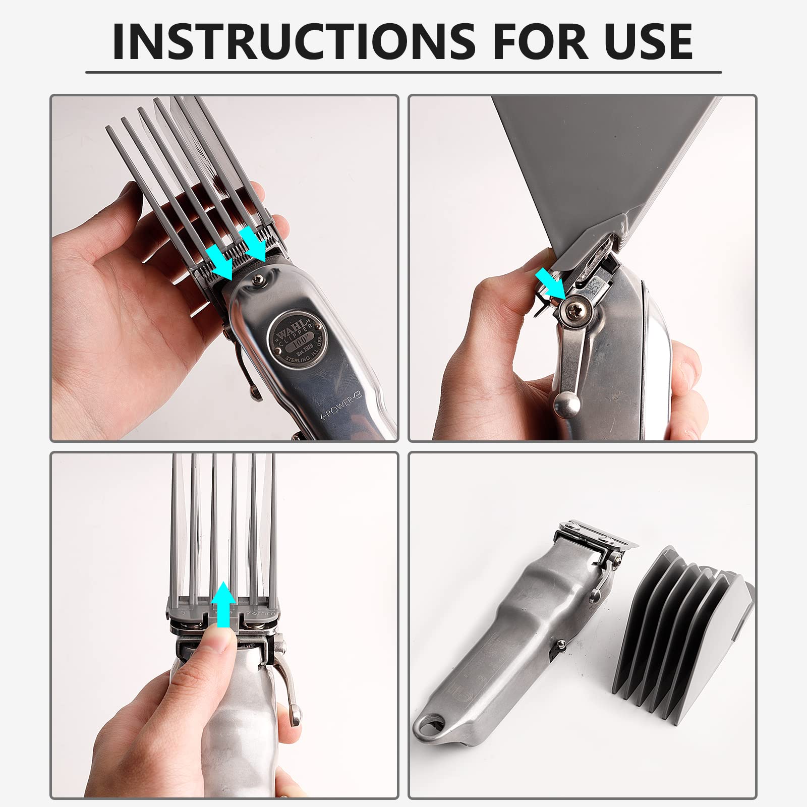 Extra Long Clipper Guards, 4 Set Premium Hair Clipper Guide Comb Set, NO.16 NO.14 NO.12 NO.10 Large Attachment combs, Guides Combs 2" 1.75" 1.5" 1.25" Lengths for Wahl Clipper (Blue)