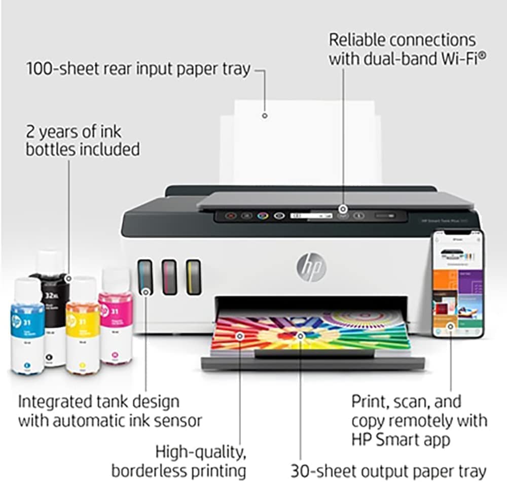 HP Smart Tank Plus 551 All-in-One Wireless Color Inkjet Printer - Print Scan Copy - 11 ppm, 4800 x 1200 dpi, Manual Duplex Printing, Bluetooth, Hi-Speed USB 2.0