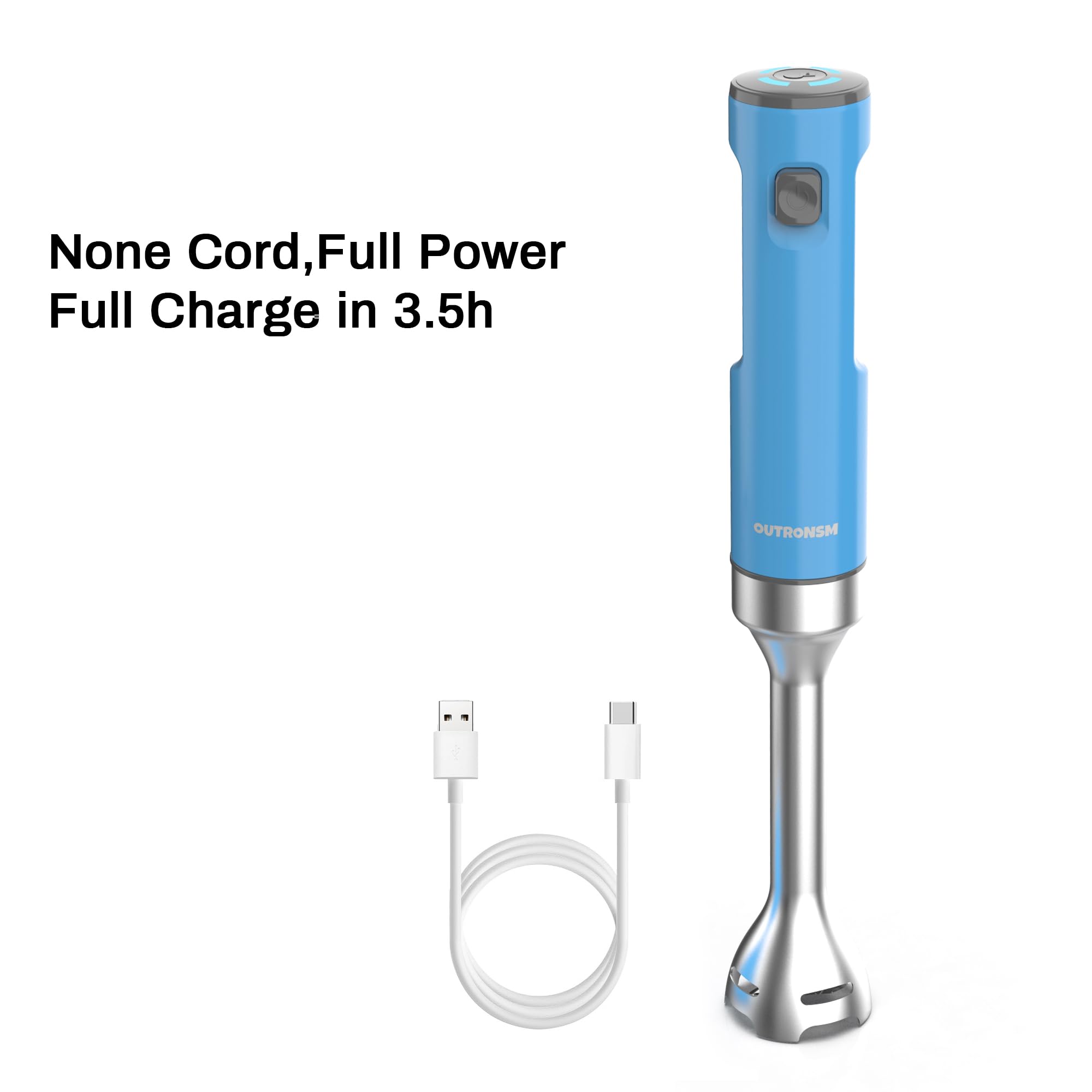 Cordless Hand Blender, OUTRONSM Immersion Blender Handheld Rechargeable, with Charging Cable, Egg Whisk, for Smoothies, Milkshakes, Hummus and Soups β Blue