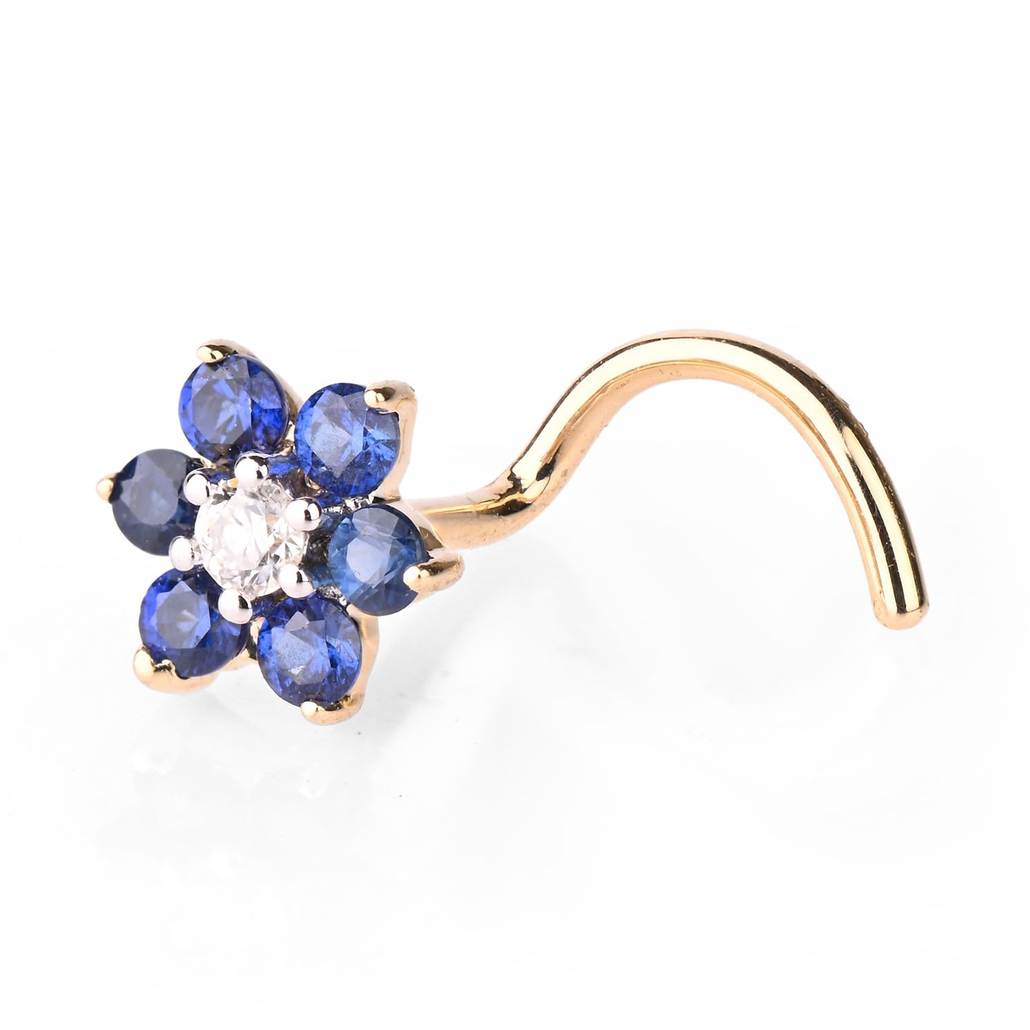 Demira Jewels 14K Yellow Gold Nose Piercing Wire Setting Stud with Real Diamond and Natural Blue Sapphire Flower β Elegant Wedding Nose Ring, Stunning Bridal Nose Jewelry.
