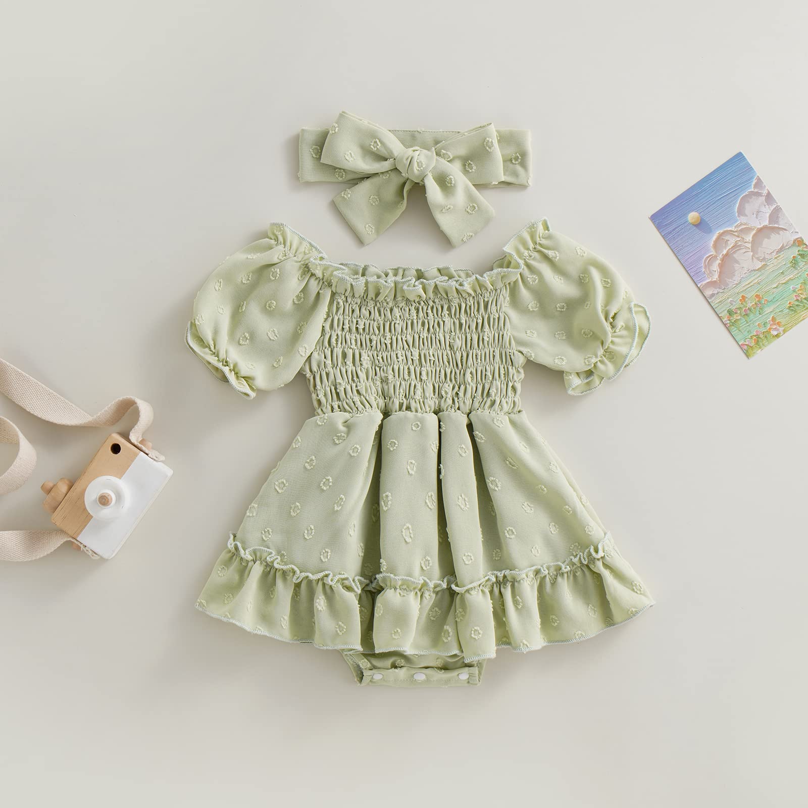 Infant Baby Girls Romper Dress Dot Pattern Short Sleeve Ruched Jumpsuits Skirts Hem Bodysuits Headband (Green dots, 0-6 Months)
