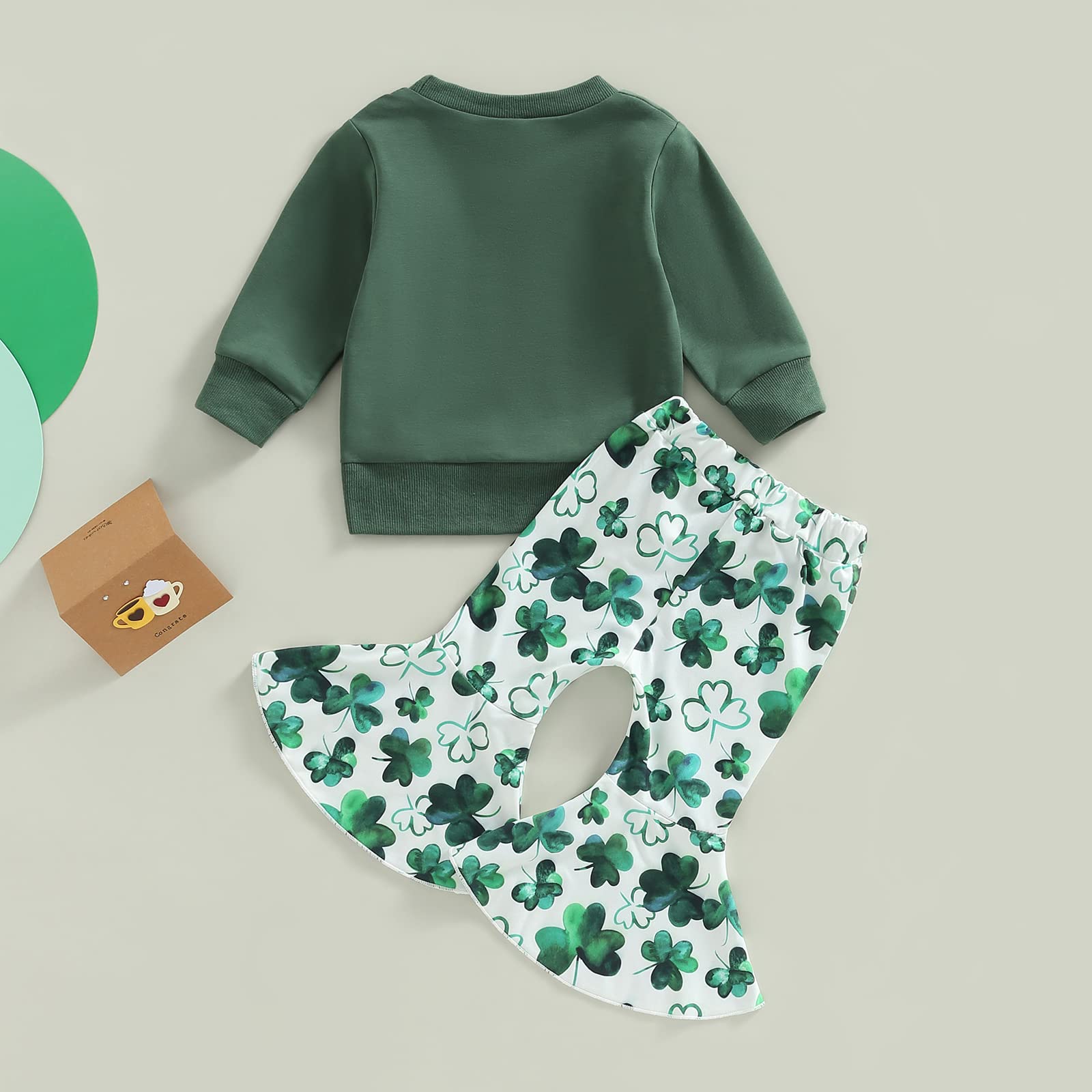 Infant Baby Girl St Patrick's Day Outfit Long Sleeve Pullover Lucky Babe Sweatshirt+ Green Clover Flare Pants Set (Green, 2-3 Years)