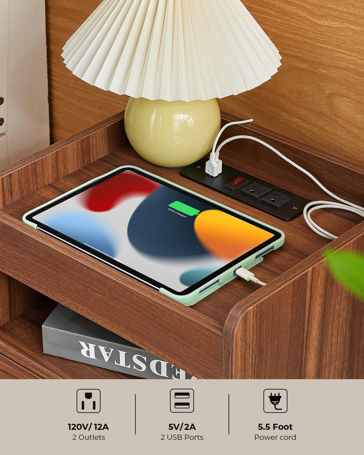 COPIAE Nightstand with Charging Station, Led Bedside Table Walnut Small, Nightstands with 2 Drawers Storage, Wood End Table with USB Ports and Outlets, Side Table for Bedroom Living Room