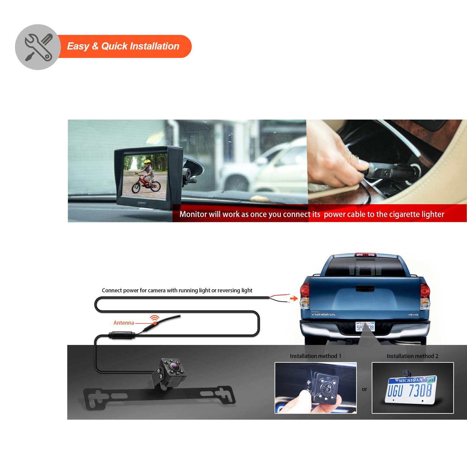 Digital Wireless Backup System, Waterproof and Night Vision Wireless License Plate Rear View Camera + 4.3ββ Wireless Display for RV, Cars, Truck, Vans