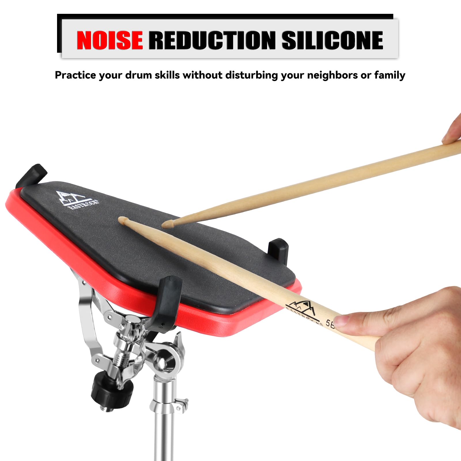 EASTROCK Practice Drum Pad With Stand, 11 Inches Double Sided Slient Silicone Drum Practice Pad, Silicone Dumb Drum with Drum Stand,Red+Black