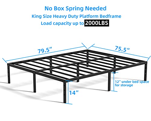 Meberam King Size Bed Frame 14 Inch Metal Platform BedFrame Heavy Duty King Mattress Foundation Steel Slats Support No Box Spring Need, Black