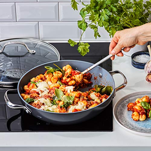 GreenPan Valencia Pro Hard Anodized Healthy Ceramic Nonstick 3.8 Quart Sauteuse Pan with 2 Handles and Lid, PFAS-Free, Induction, Dishwasher Safe, Oven Safe, Gray