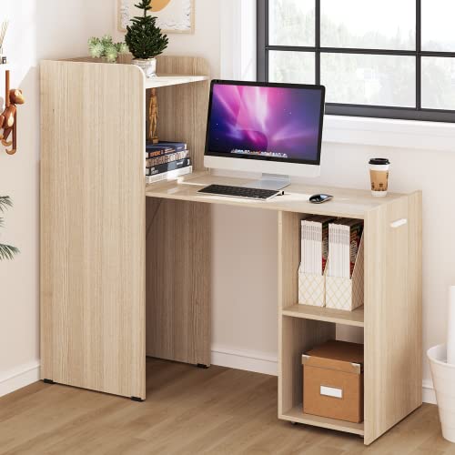 Tangkula Extendable Computer Desk for Small Space, Reversible Home Office Desk with Anti-Tipping Kit, Folding Study Writing Desk, Pull-Out PC Laptop Workstation Desk, Brown/Natural (Natural)