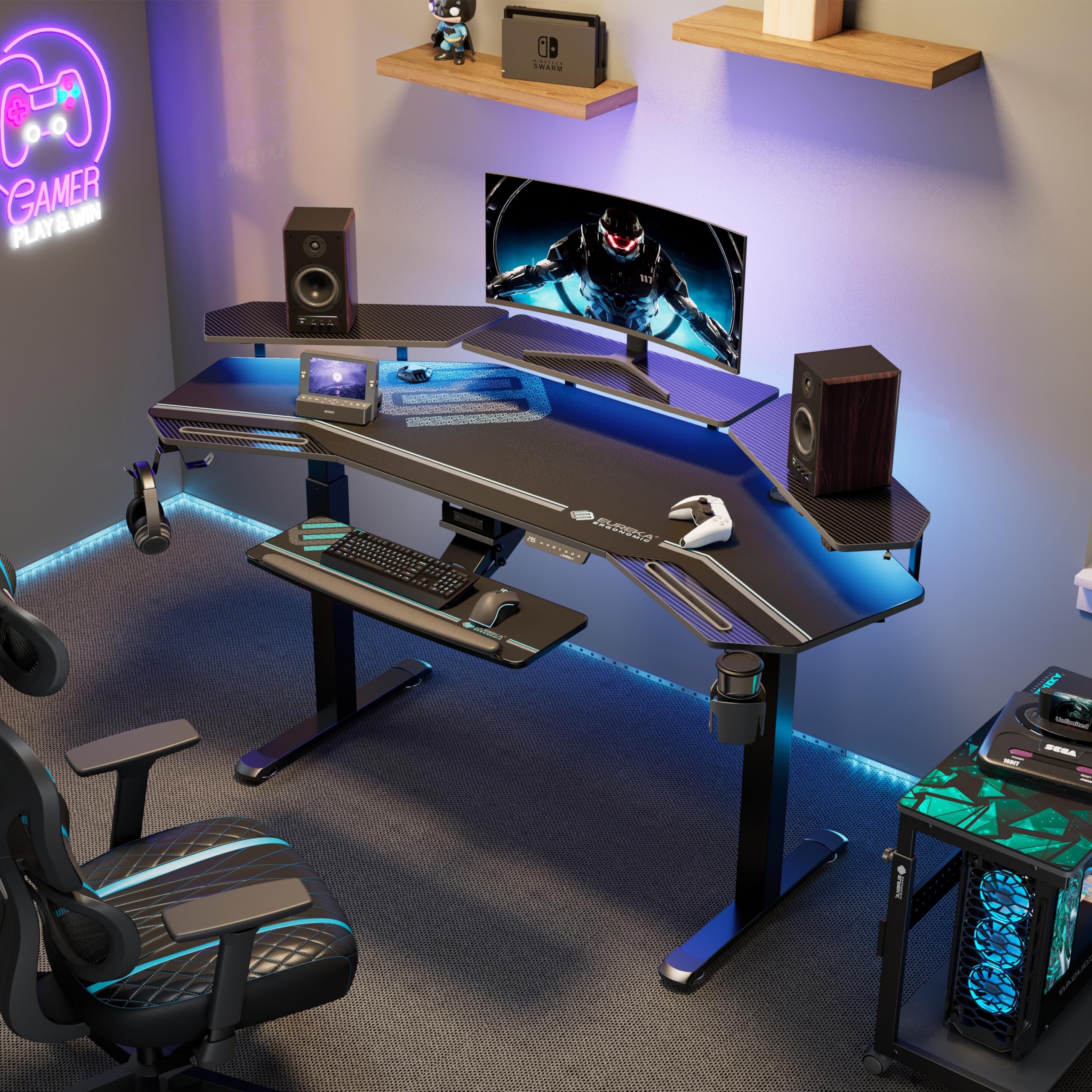 EUREKA ERGONOMIC Gaming Desk, Standing Desk Keyboard Tray, 72" Wing Shaped Music Studio Desk Electric Adjustable Height Desk Sit Stand Desk with LED Shelves, Gaming Recording Live Stream, Slot Design