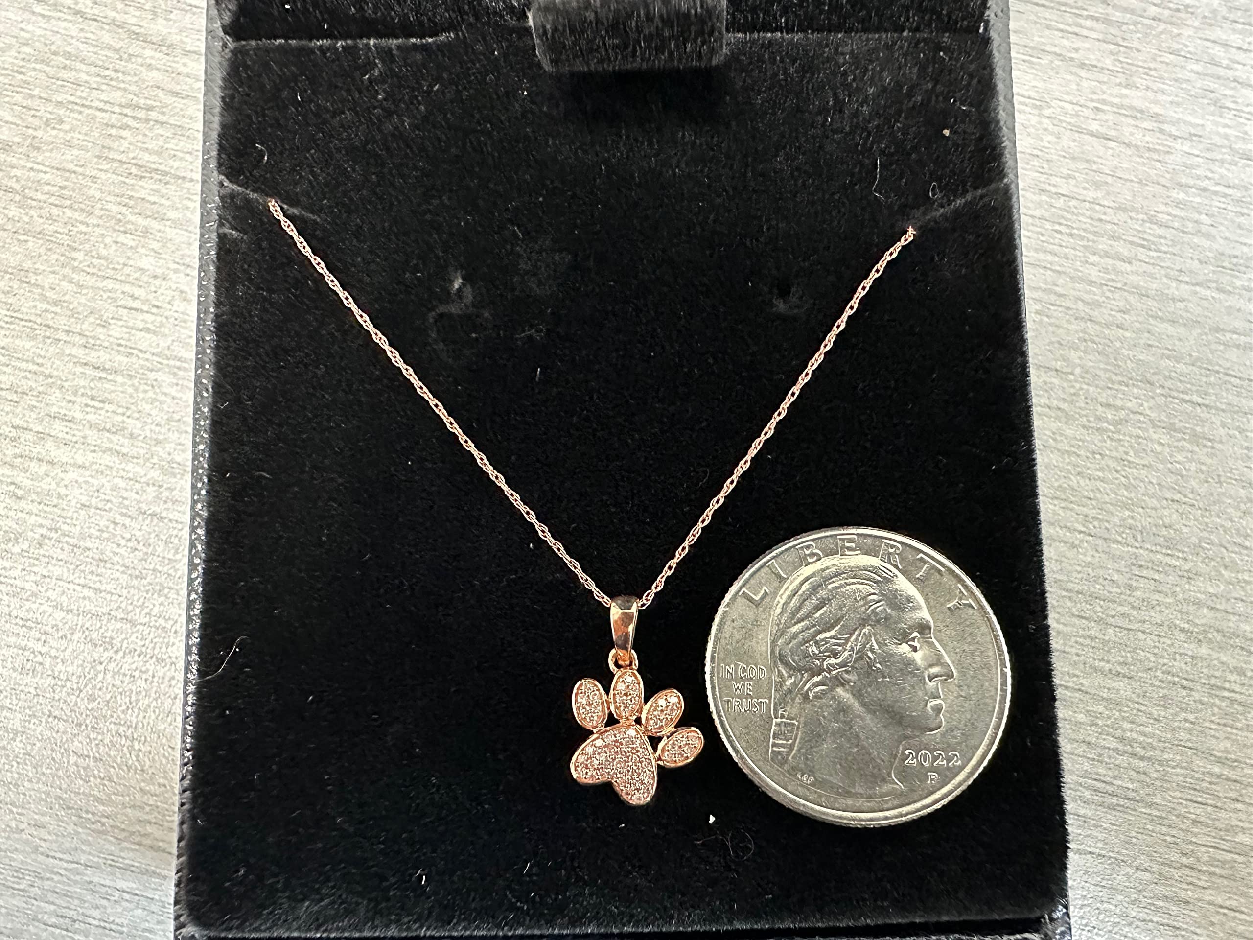 Diamond2Deal 10K Rose Solid Gold Diamond Dog Paw Print Pendant Rope Chain Necklace for Women 18inch (1/8Ct/ I2,H-I)