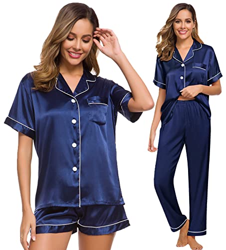 SWOMOG Women's 3 Pcs Pajamas Sets Silk Satin Sleepwear Button Down Loungewear Short Sleeve Shirt Pjs Navy Blue