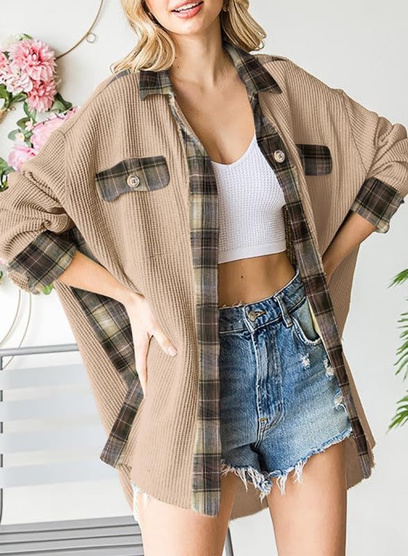 SHEWIN Womens Waffle Knit Plaid Shacket Button Down Shirts Jacket Boyfriend Shirts Long Sleeve Tops Fall Clothes for Women 2023 Apricot S