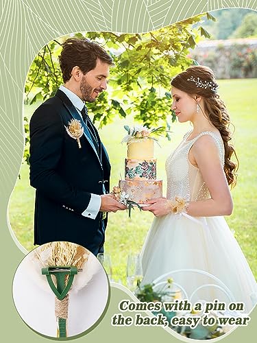 Wrist Corsage and Boutonniere Set, Boho Pampas Bouquet for Wedding Men Women Groom Bride Prom Anniversary Flowers Decoration (2 Pcs)