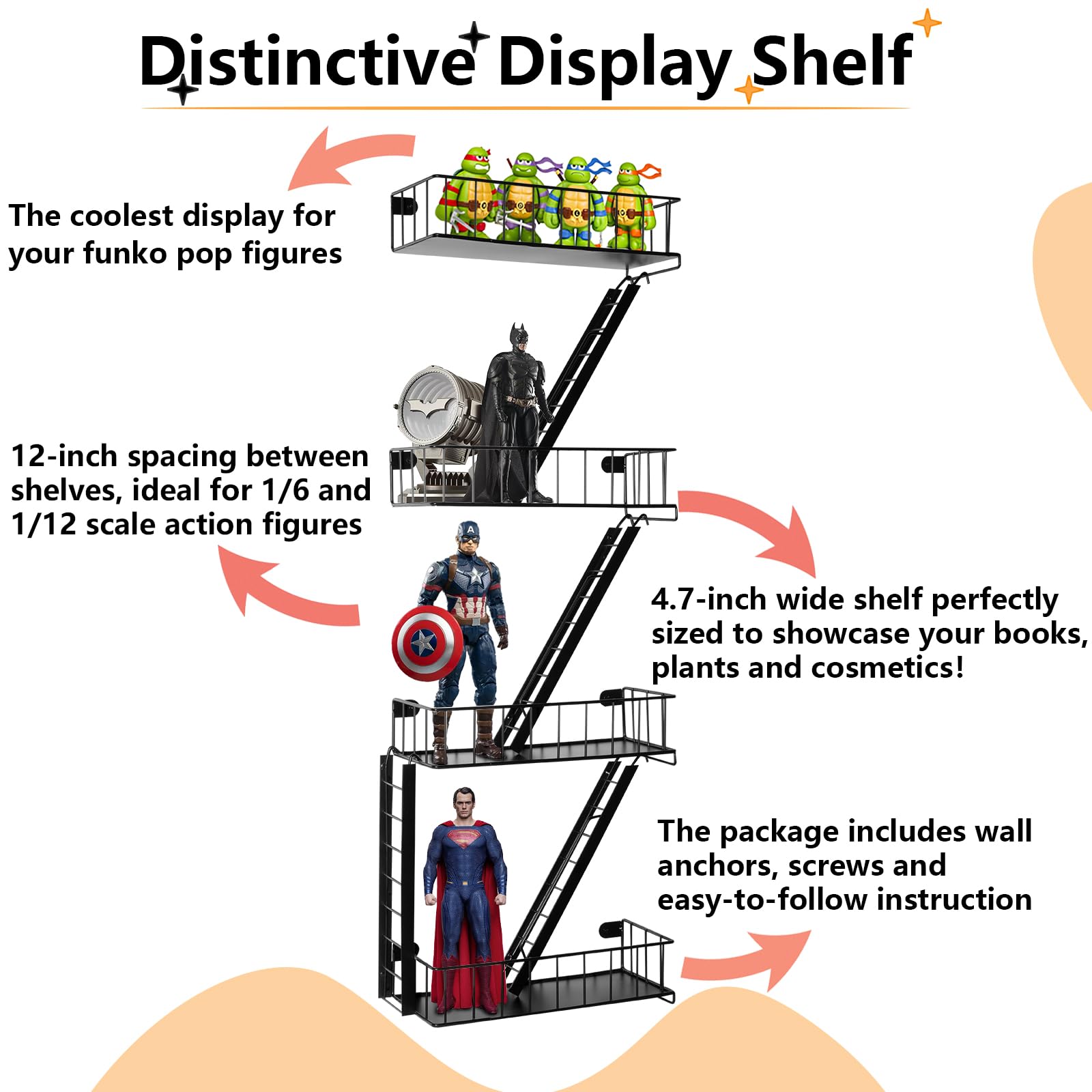 INPARALLUV Fire Escape Shelf Fire Escape Wall Shelf Wall Mounted Floating Shelf Black Metal Shelf 3 Tier