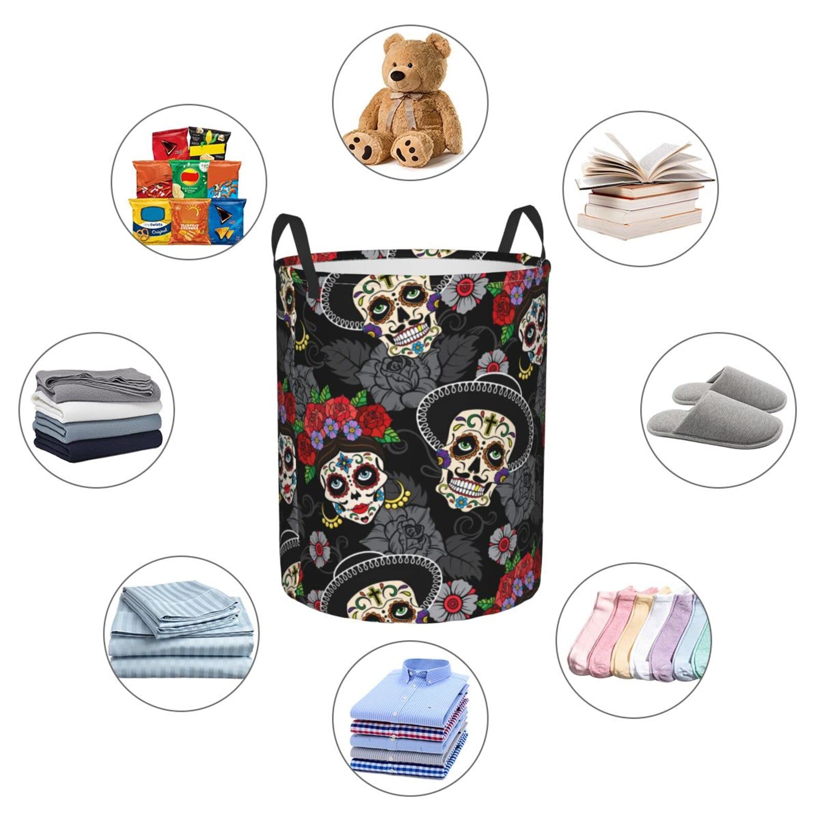 Gbuzozie Floral Skulls Round Laundry Hamper Day Of The Dead Storage Basket Toys Clothes Organizer Bin For Home Bathroom Bedroom Dorm Nursery, 38l