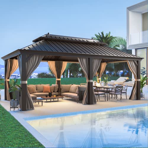 MELLCOM 12' x 20' Hardtop Gazebo,Galvanized Steel Metal Double Roof Aluminum Gazebo with Curtain and Netting,Brown Permanent Pavilion Frame for Patio, Lawn & Garden