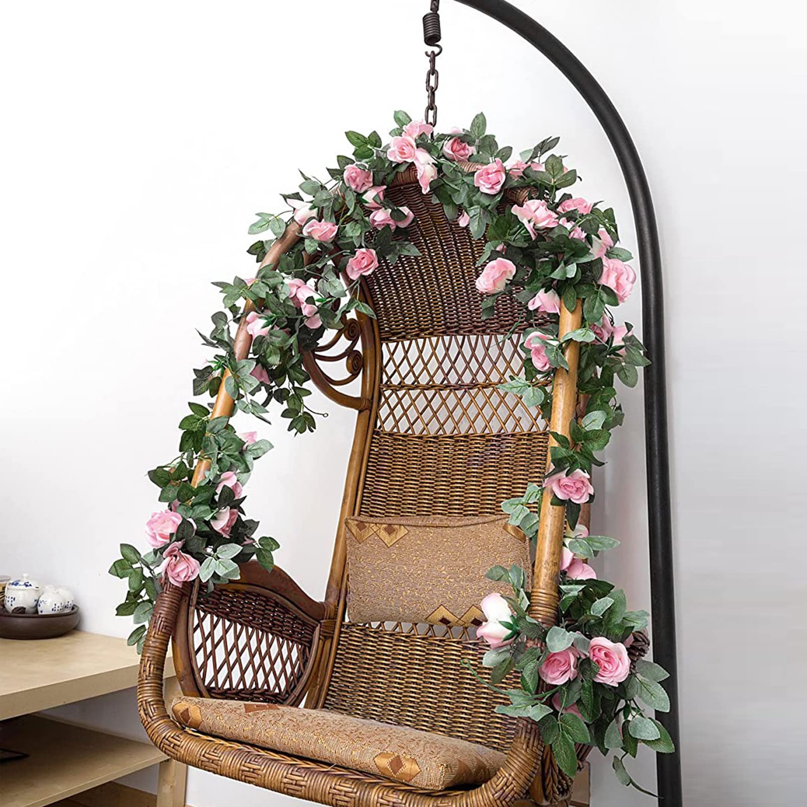 Yebazy 2PCS(16FT) Fake Rose Vine Garland Artificial Flowers Plants for Hotel Wedding Home Party Garden Craft Art Decor (Pink)…