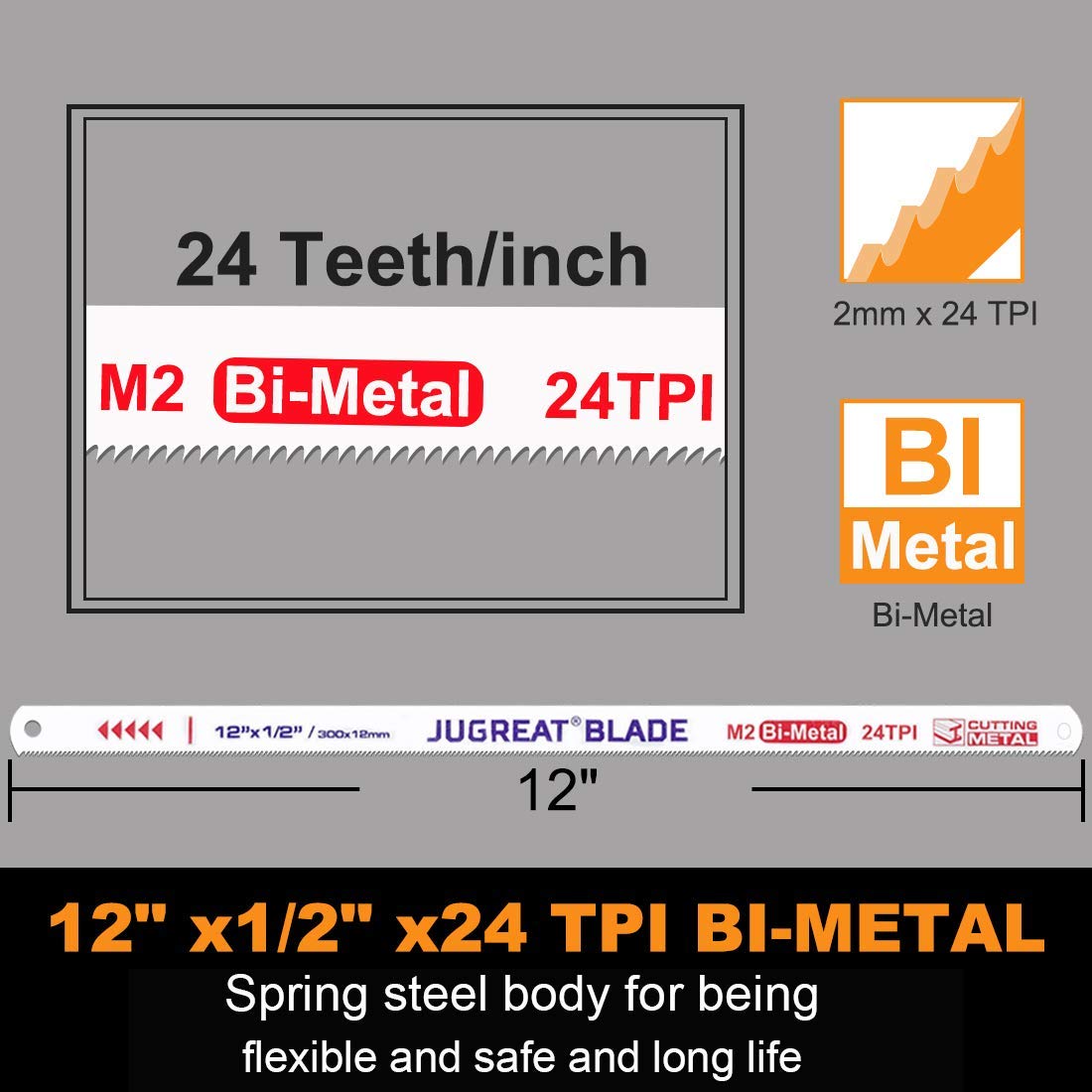 JUGREAT 12" Hacksaw Blades Replacement Bi-Metal,Bi-Metal Safe Flex Metal,High Speed Steel -24TPI (5 Pack)