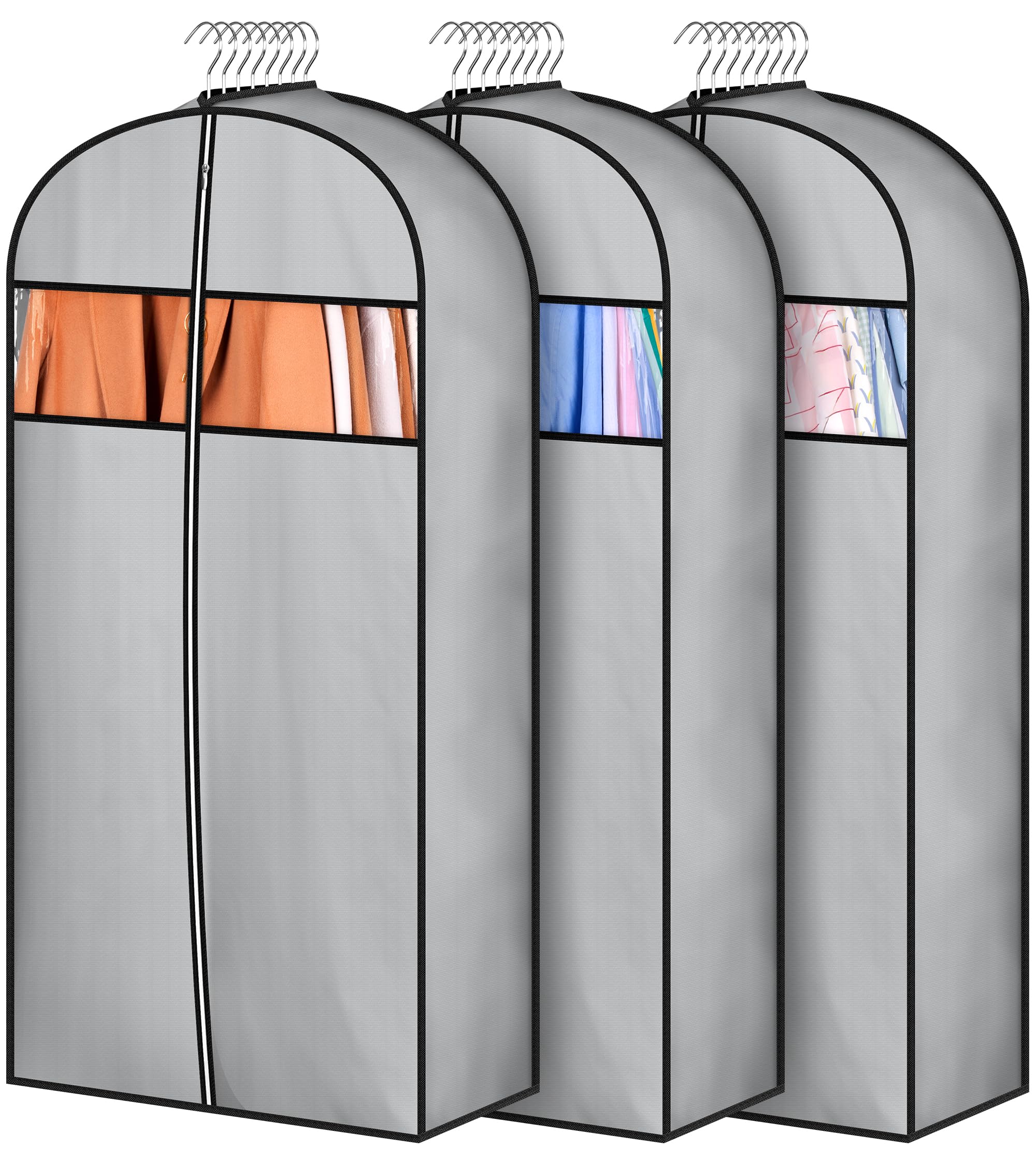 KIMBORA 6" Gusseted Garment Bags for Hanging Clothes, 40" Suit Bags for Closet Storage and Travel, Garment Covers With Clear Windows for Clothing, Coats, Jackets, Shirts (Grey, 3 Packs)