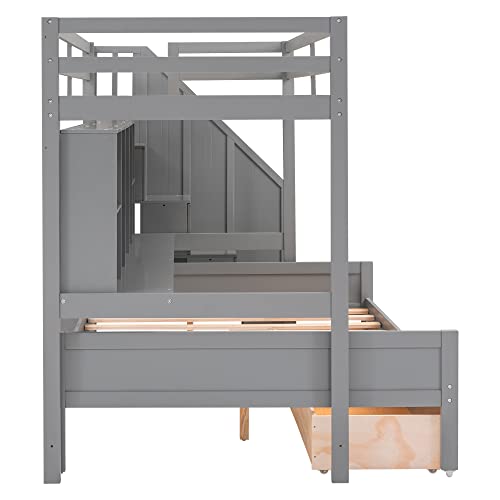 DEYOBED Twin over Full Bunk Bed Wooden Kids Bunk Bed Frame with Storage Shelves Drawers and Staircase for Kids Teens Adults