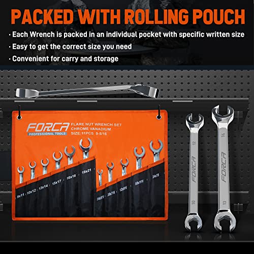 FORCA Flare Nut Wrench Set (11 Pcs Metric & SAE) 1/4" to 7/8" & 9-21mm, CR-V Steel Brake Line Wrench Set with Organizer Pouch