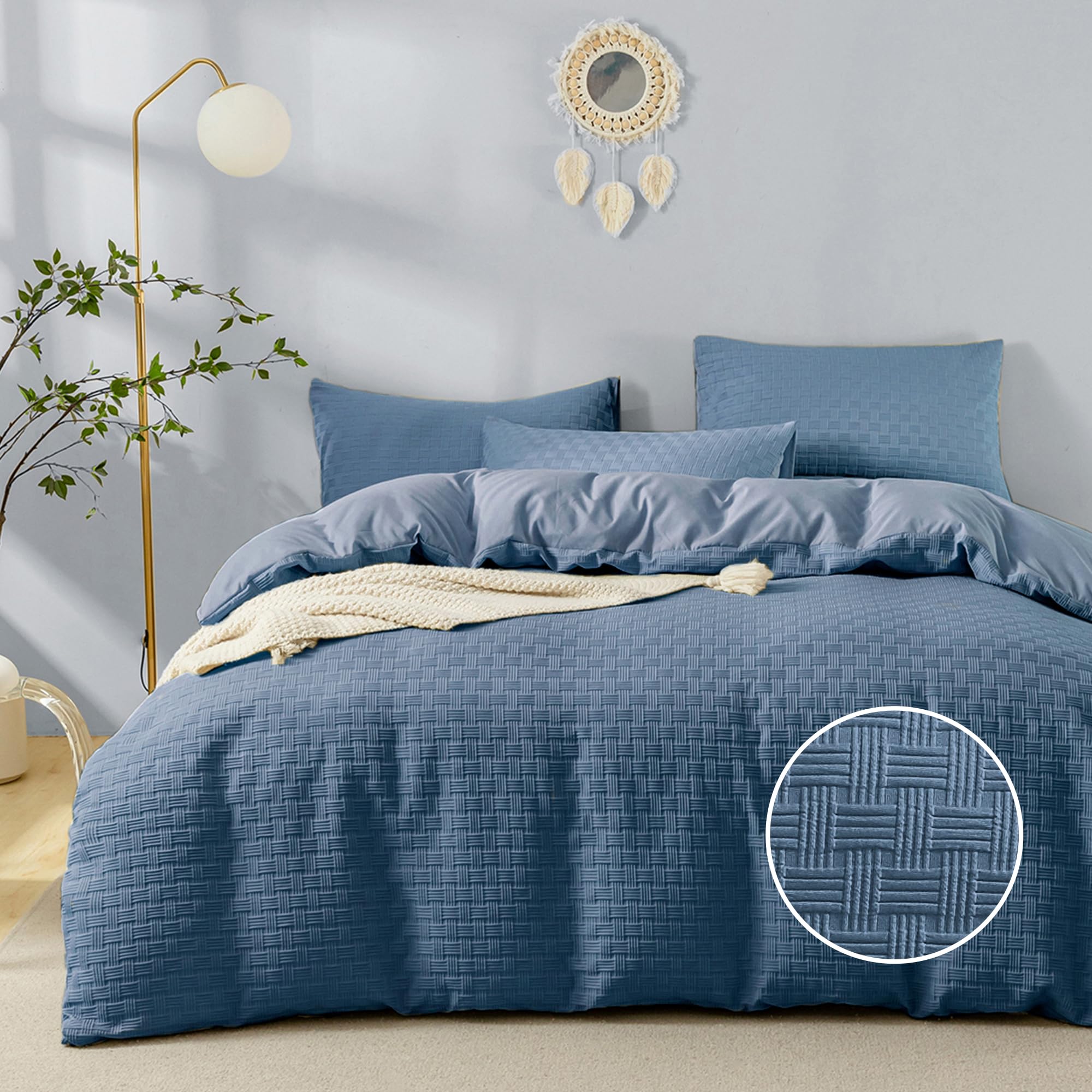 JELLYMONI Blue Duvet Cover Full Size - 3 Pieces Soft and Breathable Microfiber Knitted Jacquard Waffle Weave Striped Comforter Cover with 8 Corner Ties & Zipper Closure