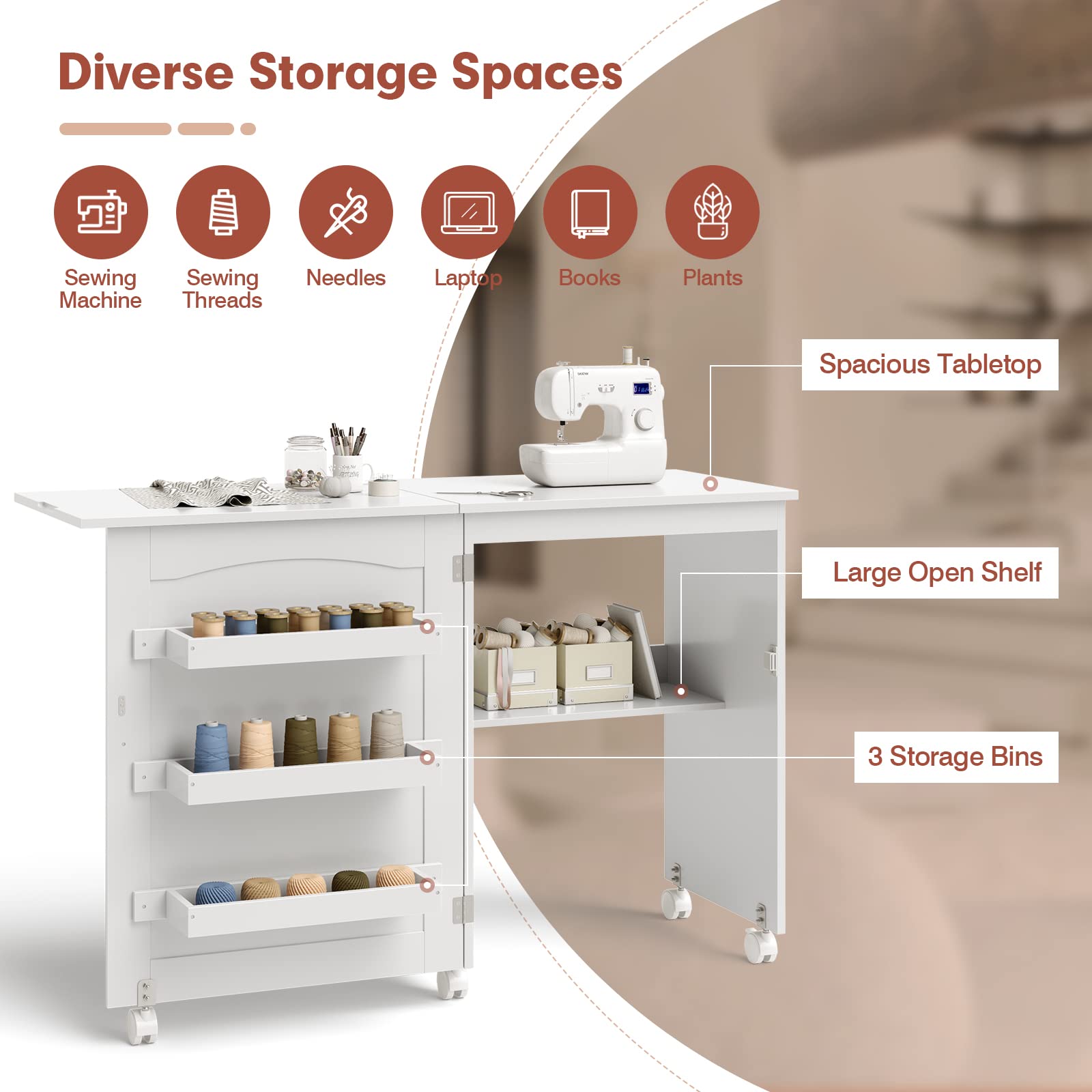 COSTWAY Folding Sewing Table, Multipurpose Craft Station Desk, Display Cabinet with Shelves Storage, Lockable Wheels, Rolling Sewing Machine Desk for Home Apartment, White