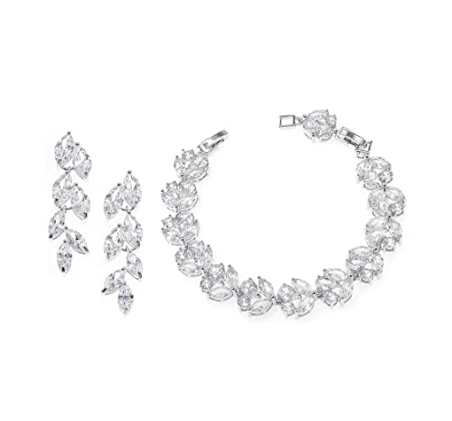 UDYLGOON UDORA Cubic Zirconia Leafs Earrings Bracelet Jewelry Set For Bridal Bridesmaid Wedding Prom (White Gold)