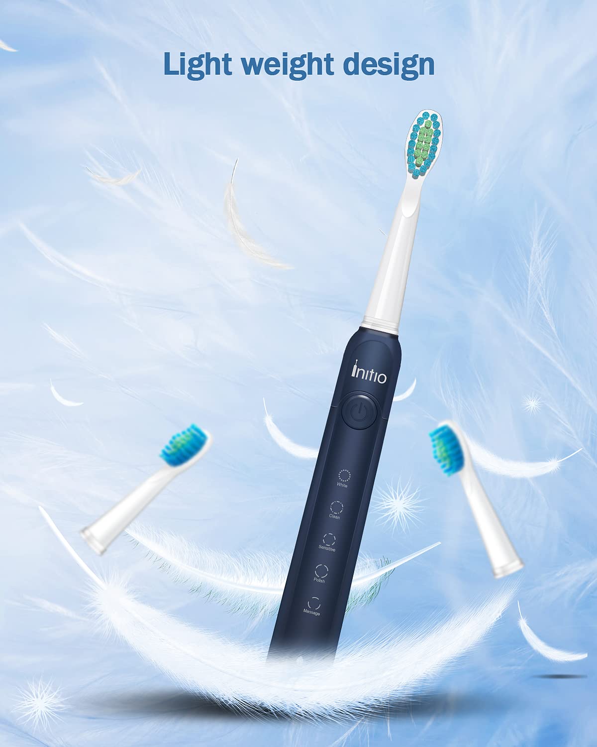 Initio Sonic Electric Toothbrush for Adults Rechargeable Toothbrush with Smart Timer 5 Modes 3 Brush Heads 40,000 VPM Motor Whitening Power Toothbrush IT959 (Navy Blue)