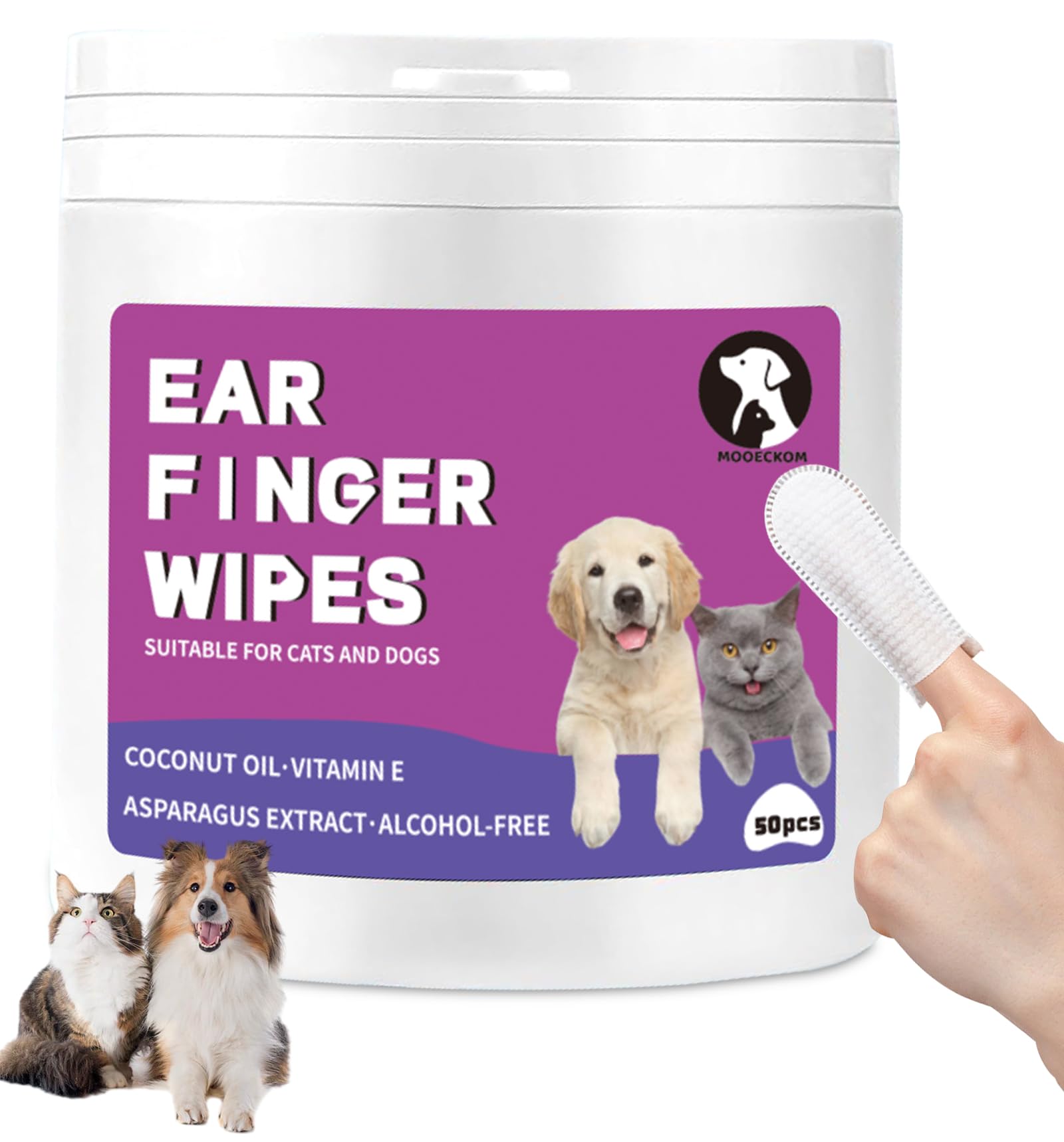 MOOECKOM Dog Ear Cleaner Dog Ear Wipes,Natural Ear Wipes Finger for Dogs & Cats Finger Ear Cleaner Wipes,50 Count