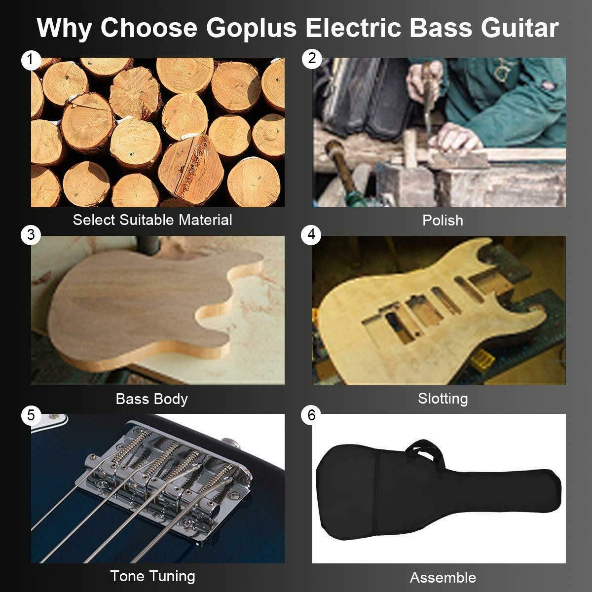 Costzon Full Size Electric 4 String Bass Guitar for Beginner Starter Complete Kit, Rose Fingerboard and Bridge, w/Two Pickups & Two Tone Control, Guitar Bag, Strap, Guitar Pick, Amp Cord (Black Bass)